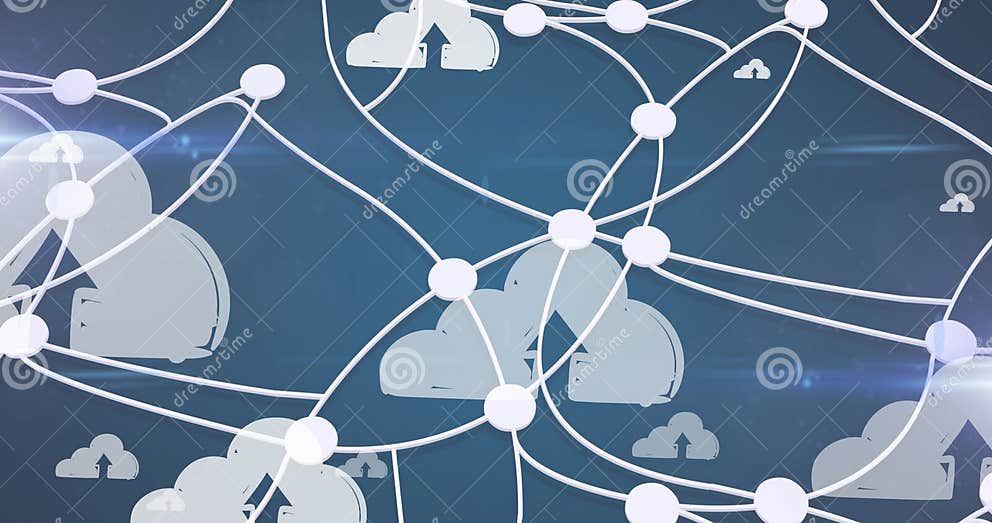 Image of Network of Connections Over Digital Clouds with Arrows on Blue ...