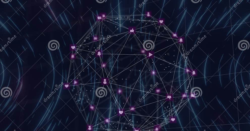 Image of Network of Connections Over Lights Moving on Black Background ...