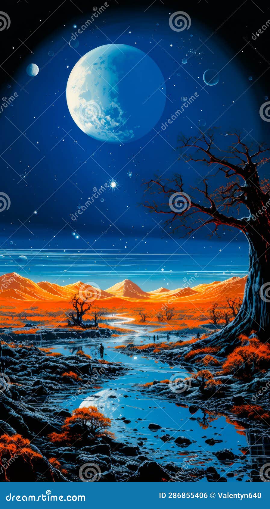 Image of Night Scene with Tree and River. Generative AI Stock Photo ... Image of Night Scene with Tree and River. Generative AI Stock Photo ...