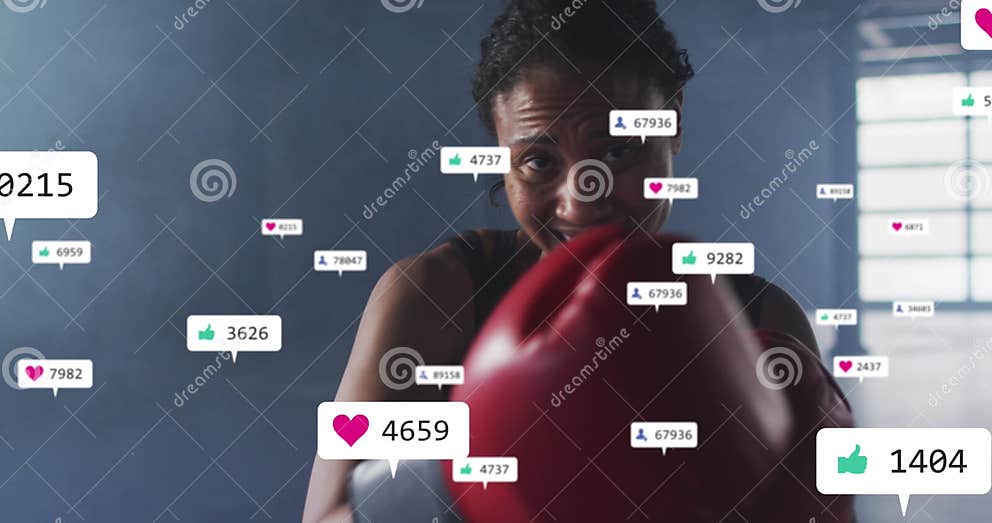 Image of Notification Bars Over Diverse Female Boxer Looking at Screen ...