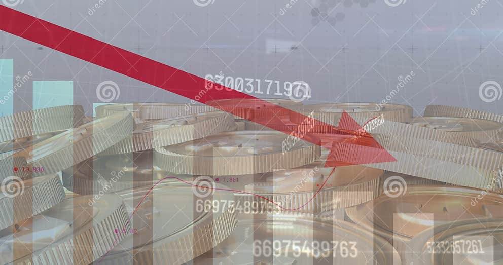Image of Numbers Changing and Data Processing Red Arrow Pointing Down Over Gold Coins Stock ...