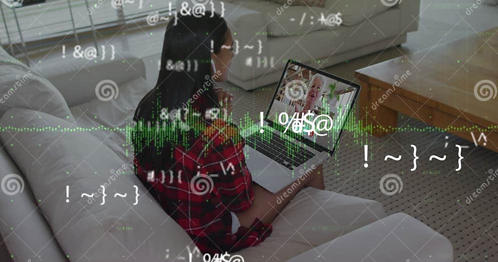 Image of Numbers Changing and Graphic Equalizer Changing Over Woman ...