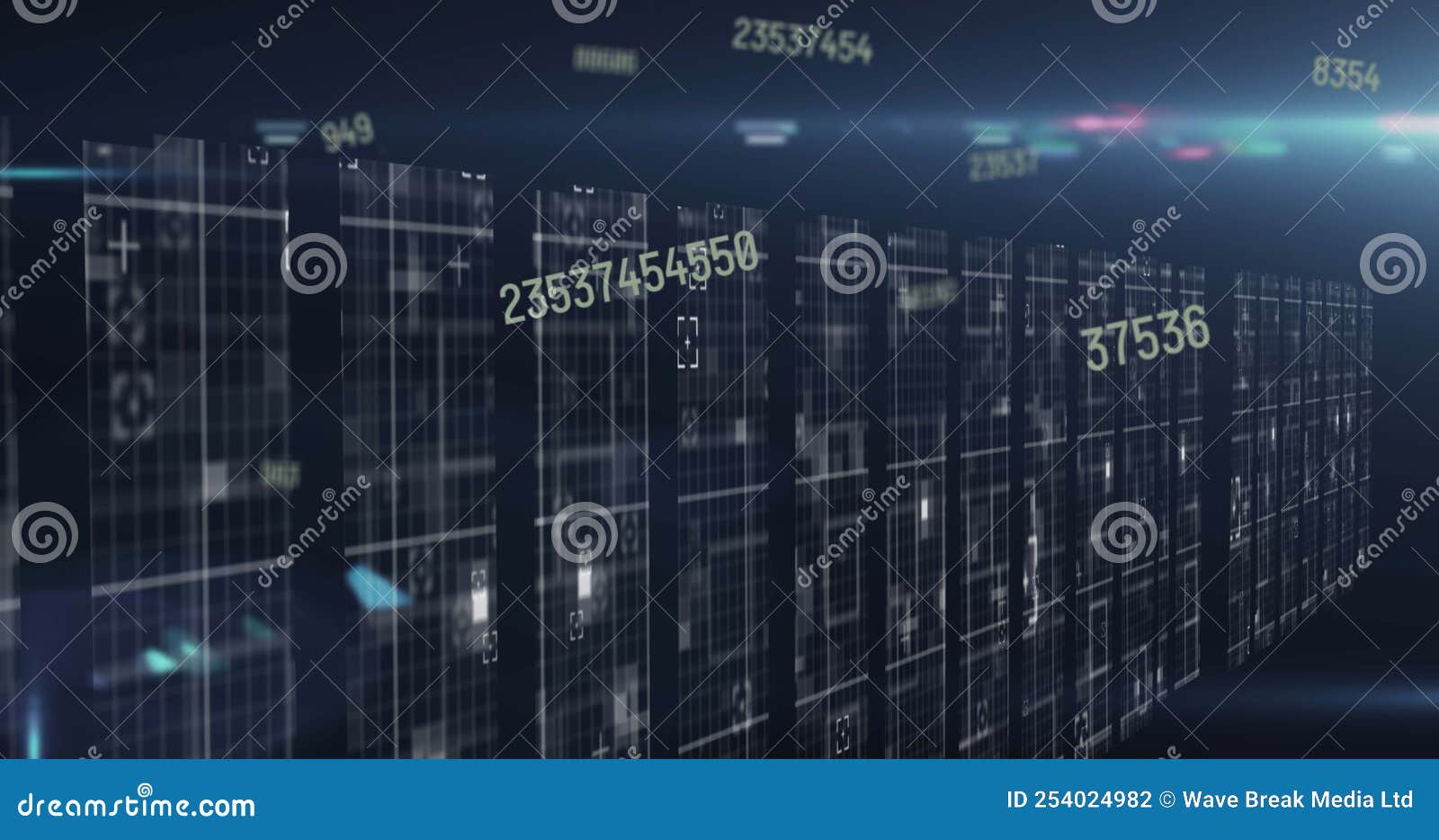 Image of Numbers Changing with Light Trails Over Tech Room with ...