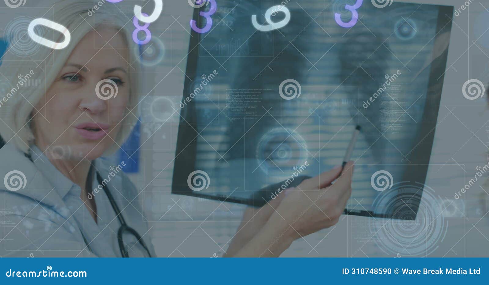 Image of Numbers Changing and Scopes on Screens Over Female Doctor with ...