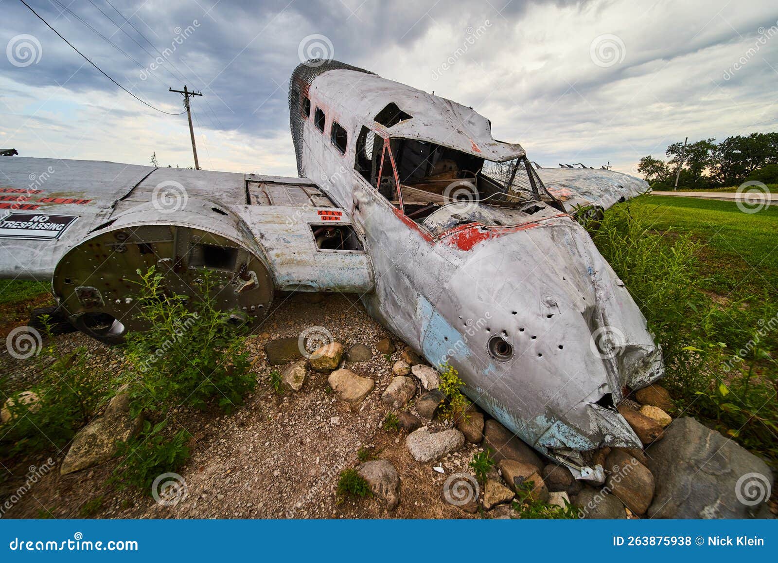 Old Abandoned Crashed Plane in Fields on Cloudy Day Stock Photo - Image ...
