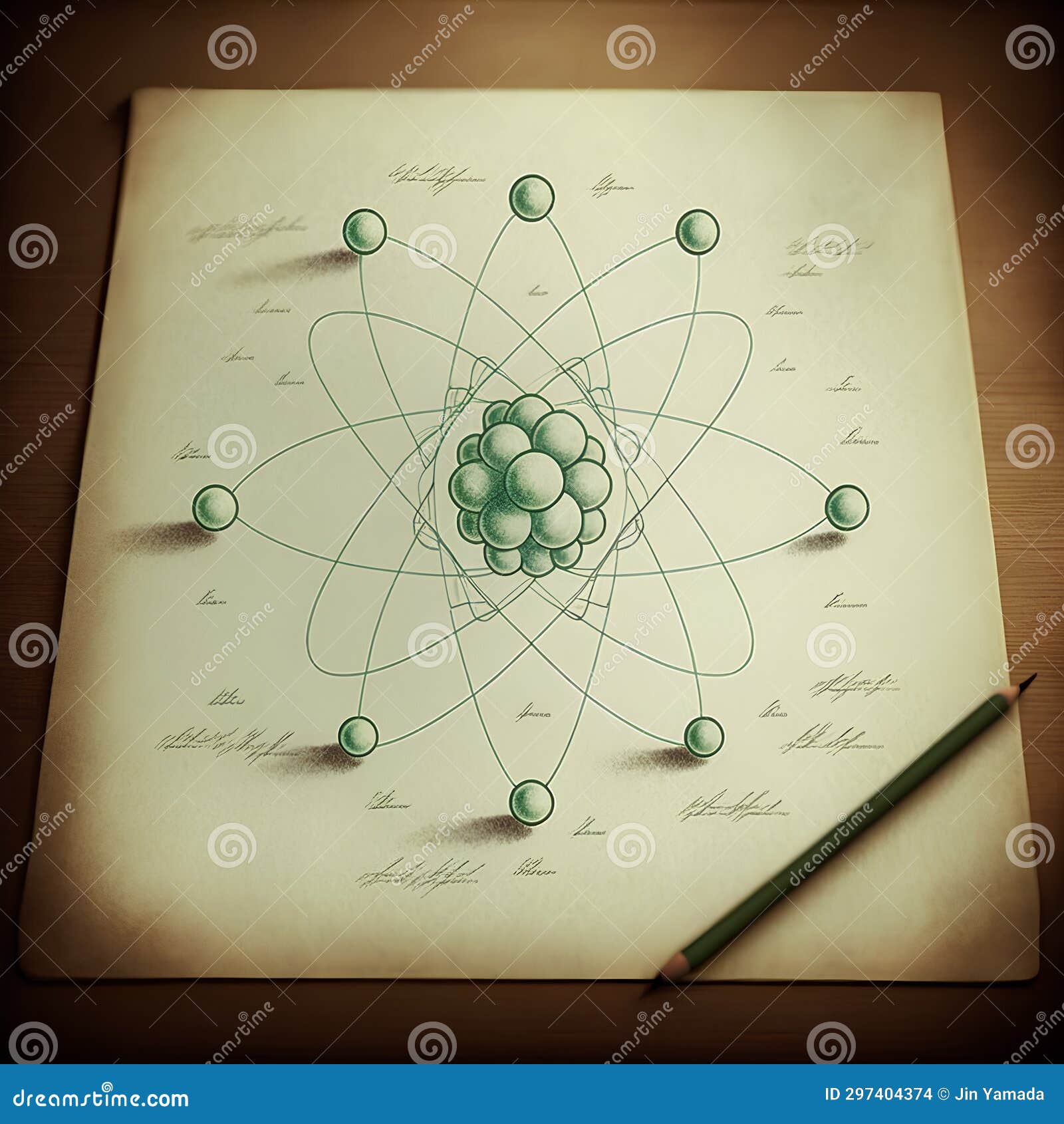An Image of an Old Book with a Pencil and Atomic Structure. Stock ...