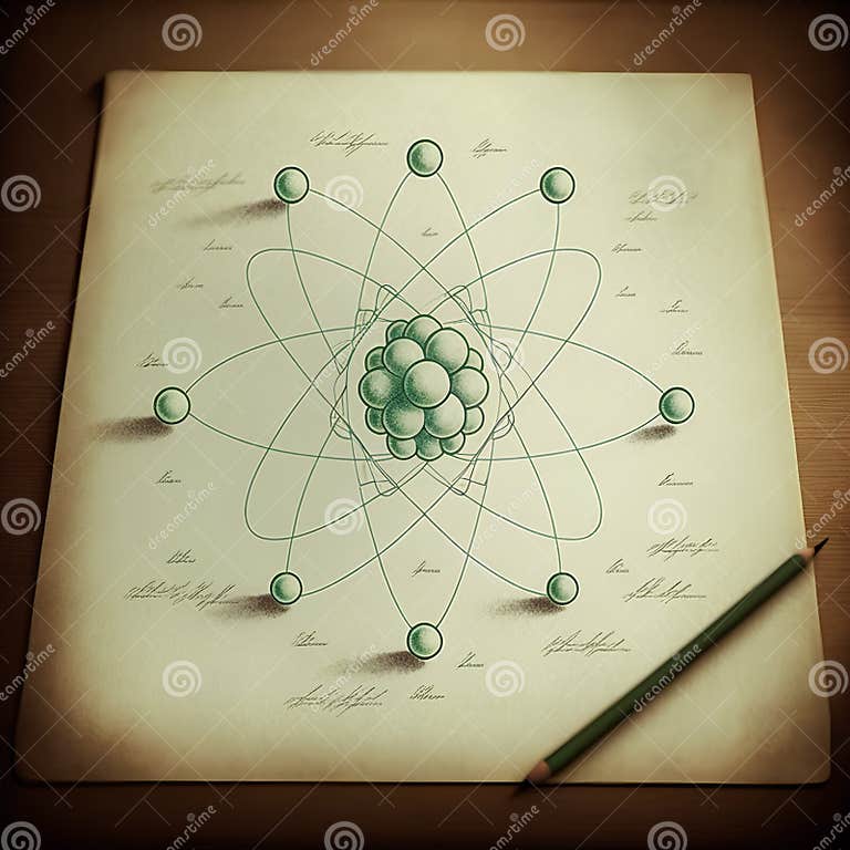 An Image of an Old Book with a Pencil and Atomic Structure. Stock ...