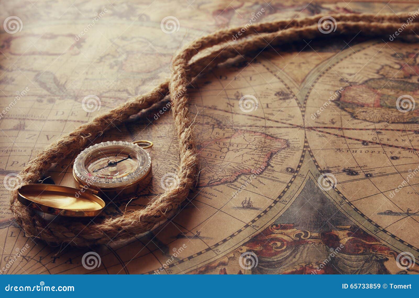 Image of Old Compass and Rope on Vintage Map Stock Image - Image of ...