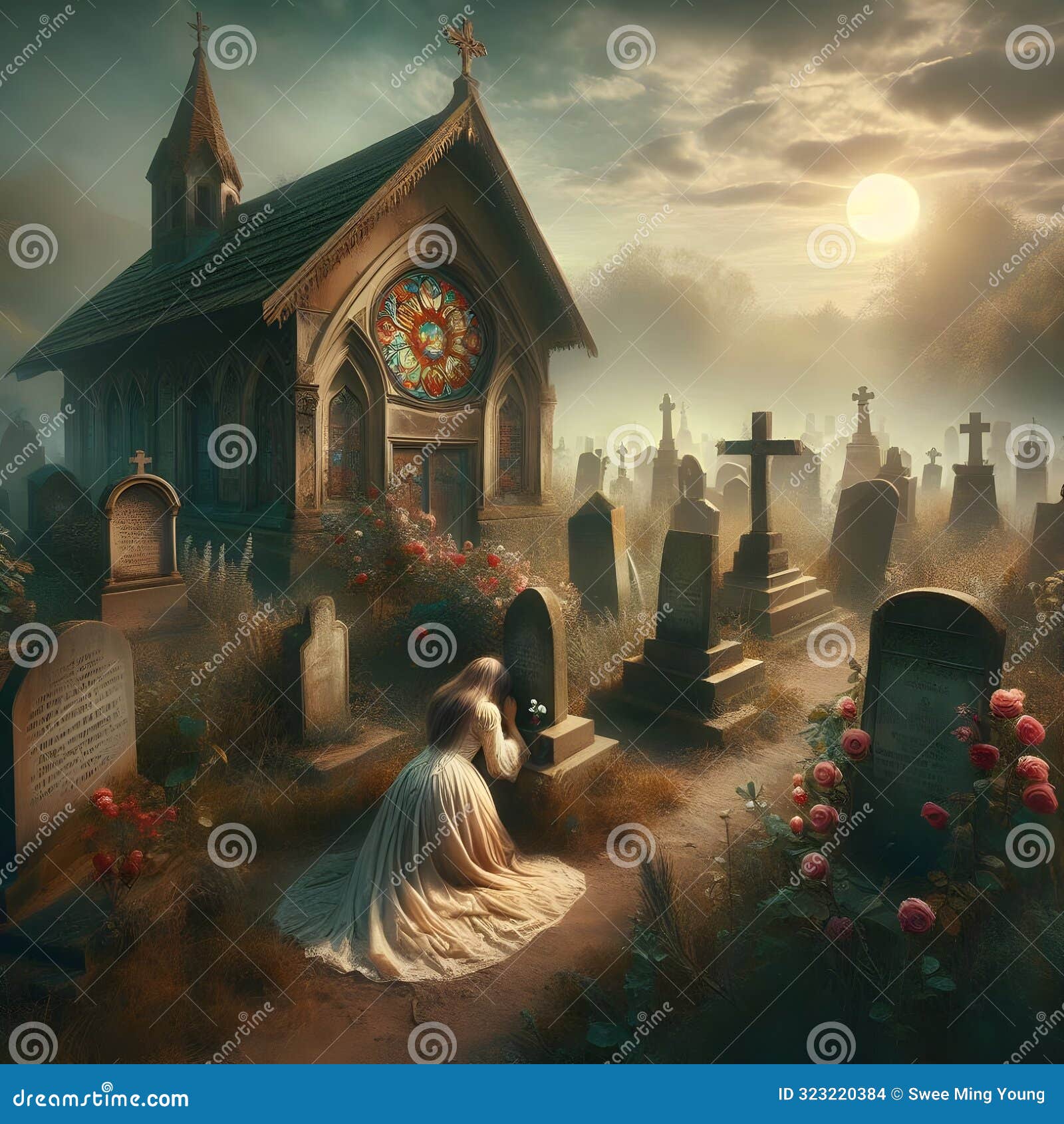 Image of an Old Neglected and Overgrown Cemetery with Someone Kneeling ...