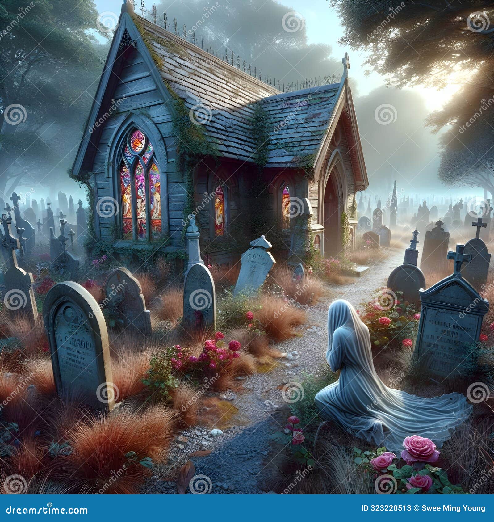 Image of an Old Neglected and Overgrown Cemetery with Someone Kneeling ...