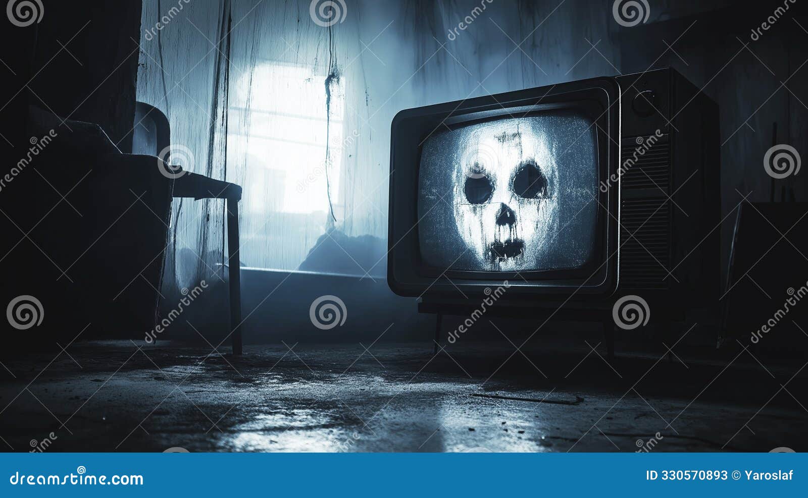 Vintage Retro Television Set with a Creepy Skull Image Displayed on the ...