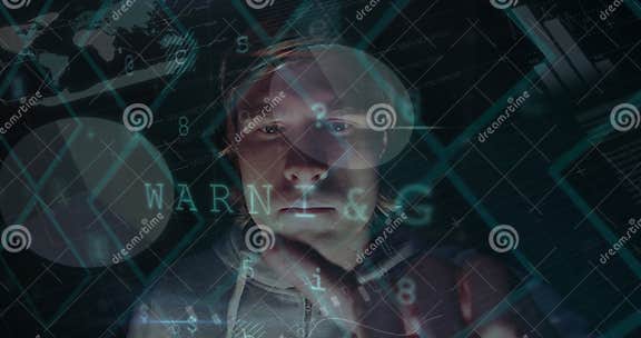 Image of Online Security Warning Text Over Hacker Using Interactive ...