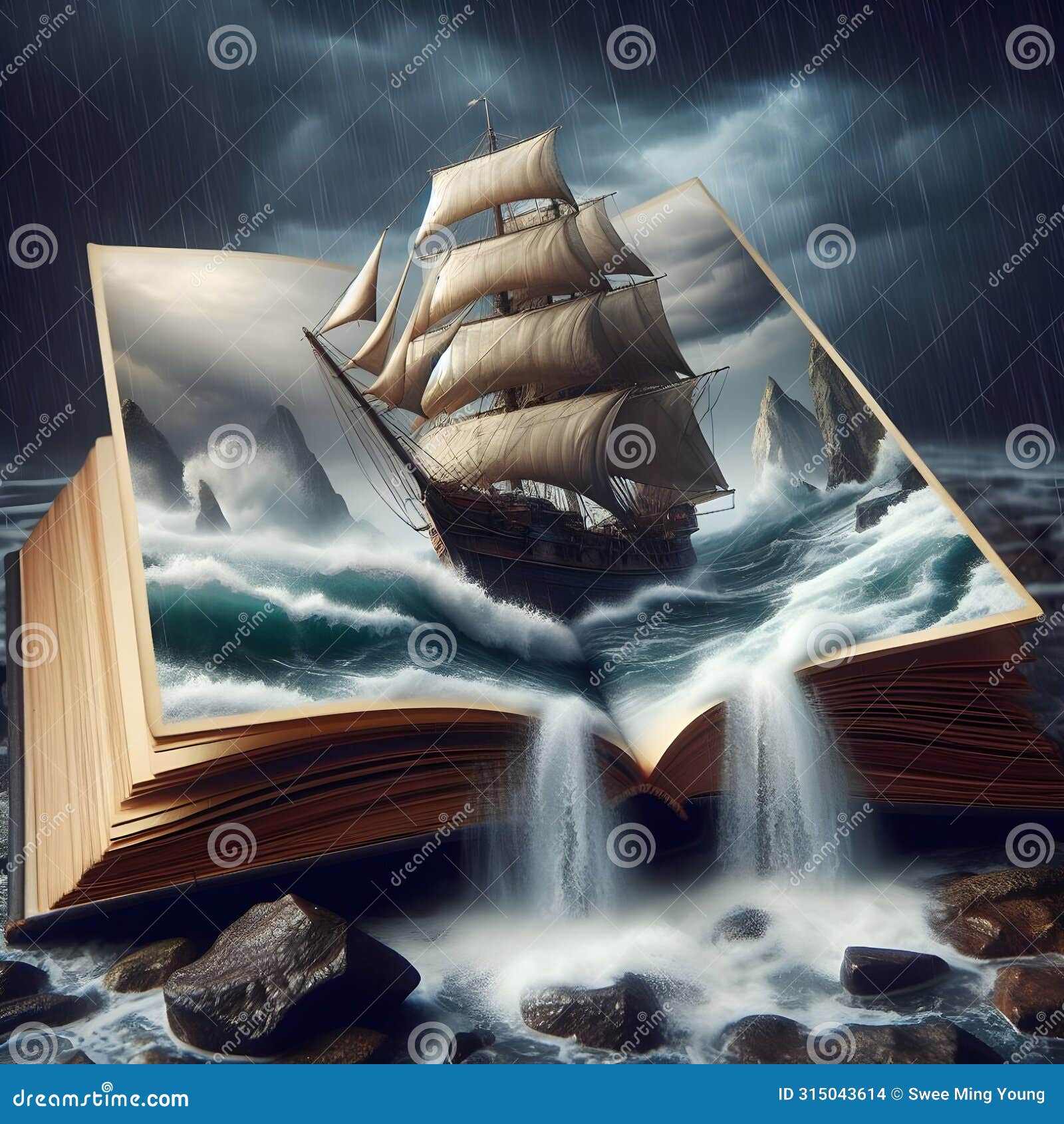 Image of an Open Book with 3 Dimensional Photo of a Sailing Ship on a ...