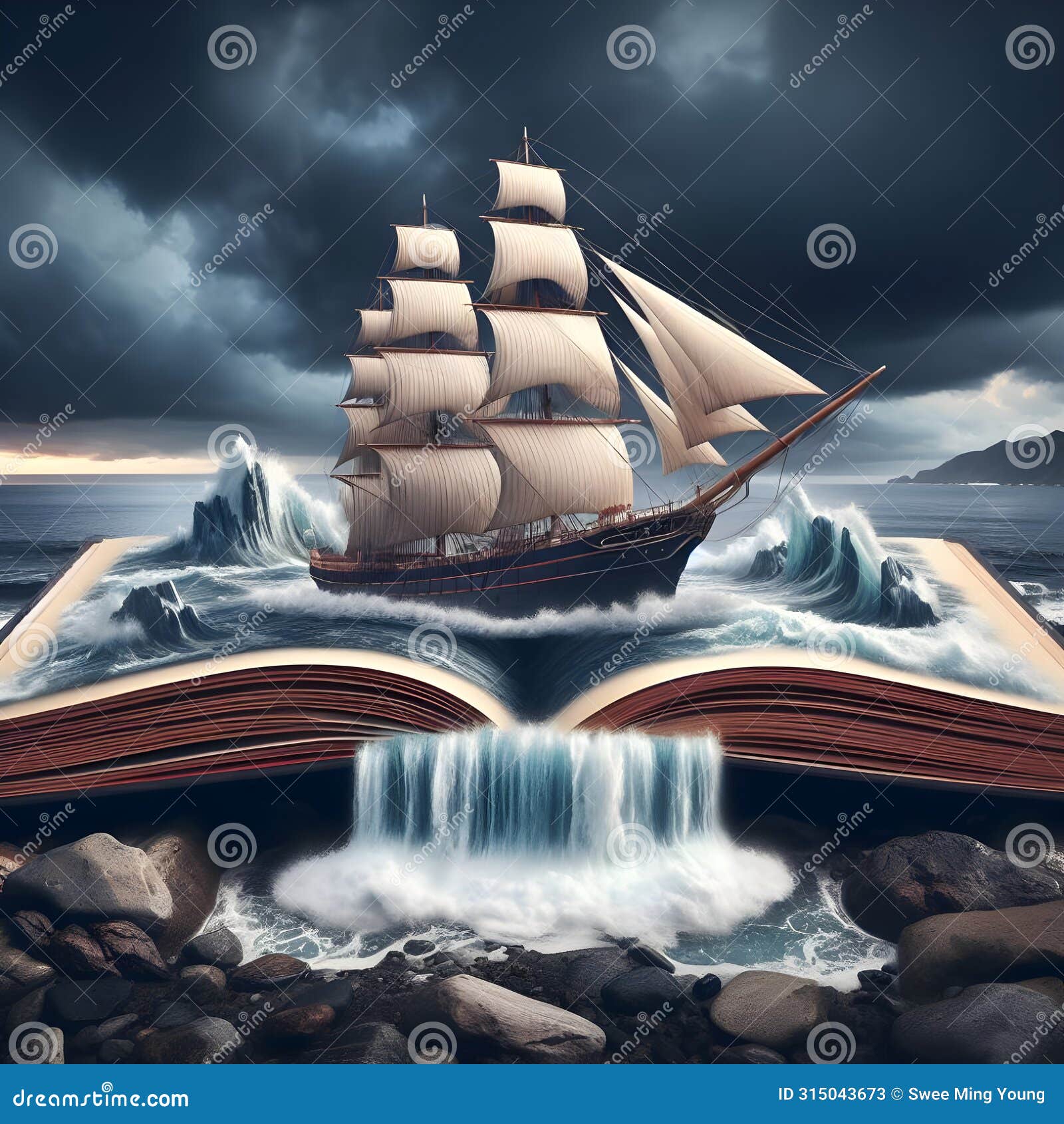 Image of an Open Book with 3 Dimensional Photo of a Sailing Ship on a ...
