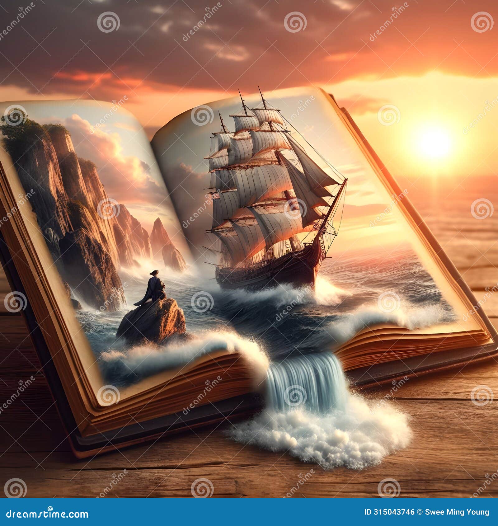 Image of an Open Book with 3 Dimensional Photo of a Sailing Ship on a ...