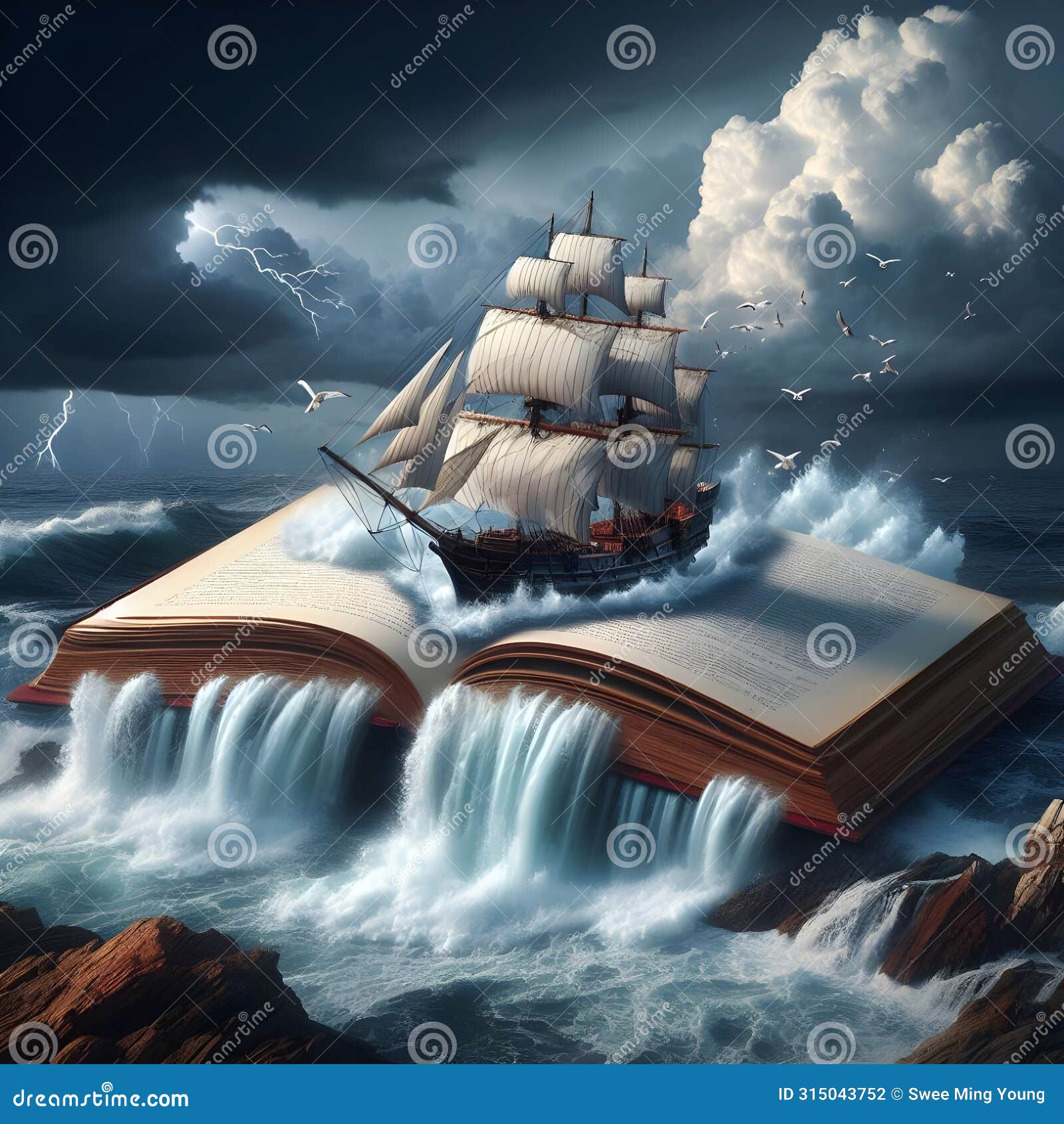 Image of an Open Book with 3 Dimensional Photo of a Sailing Ship on a ...