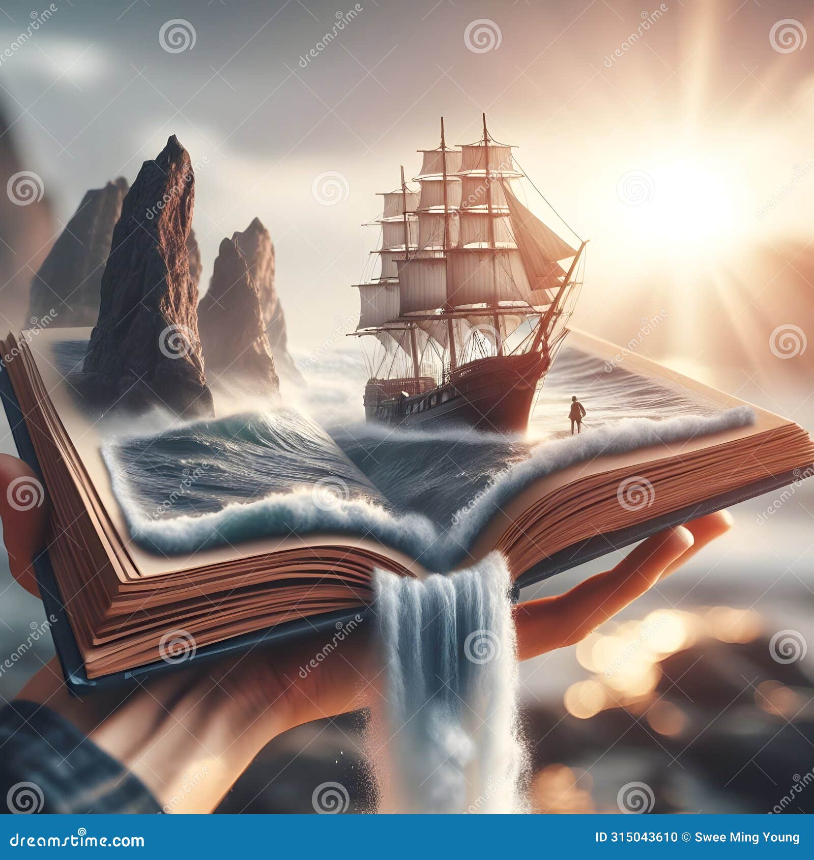 Image of an Open Book with 3 Dimensional Photo of a Sailing Ship on a ...