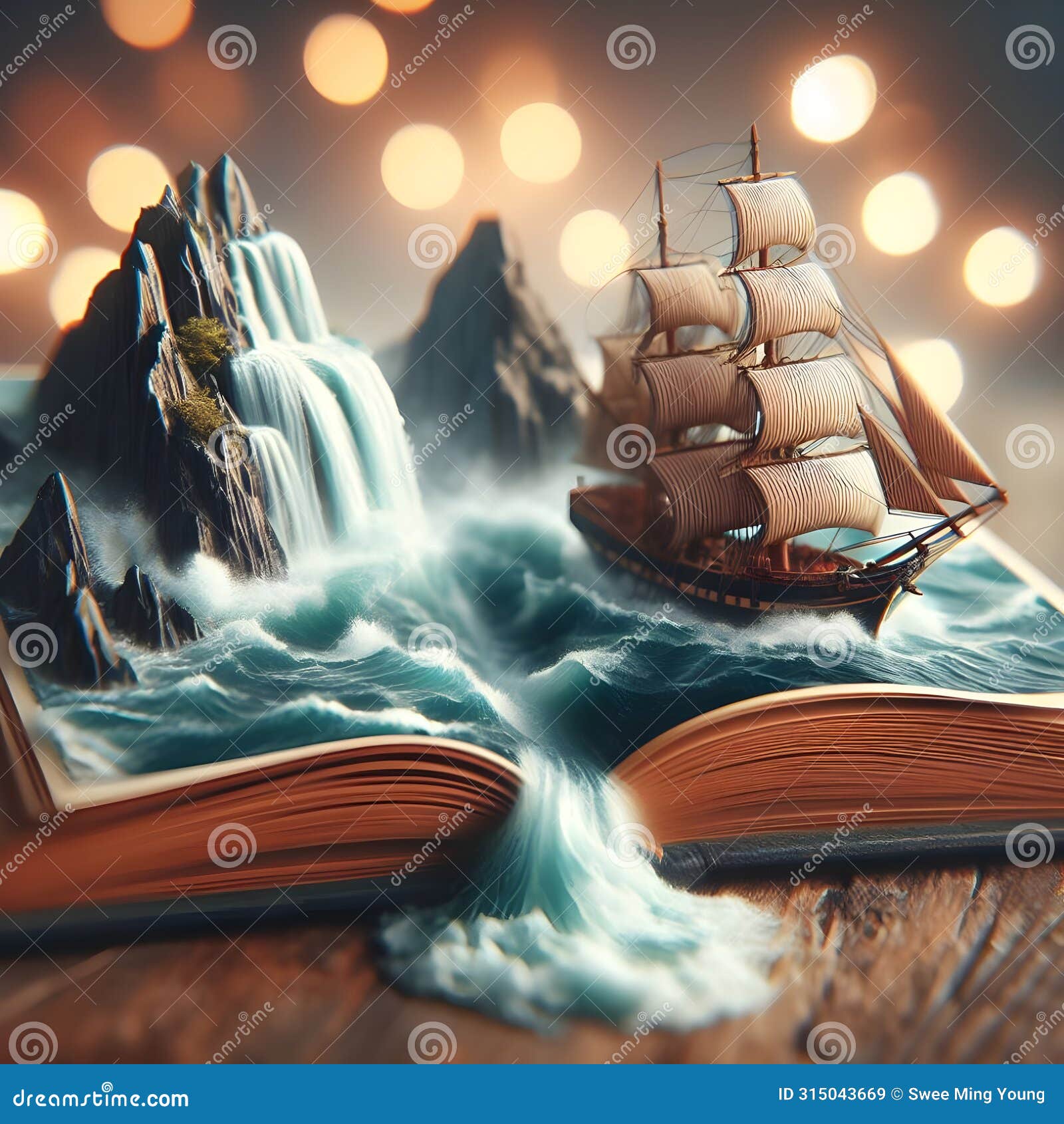 Image of an Open Book with 3 Dimensional Photo of a Sailing Ship on a ...