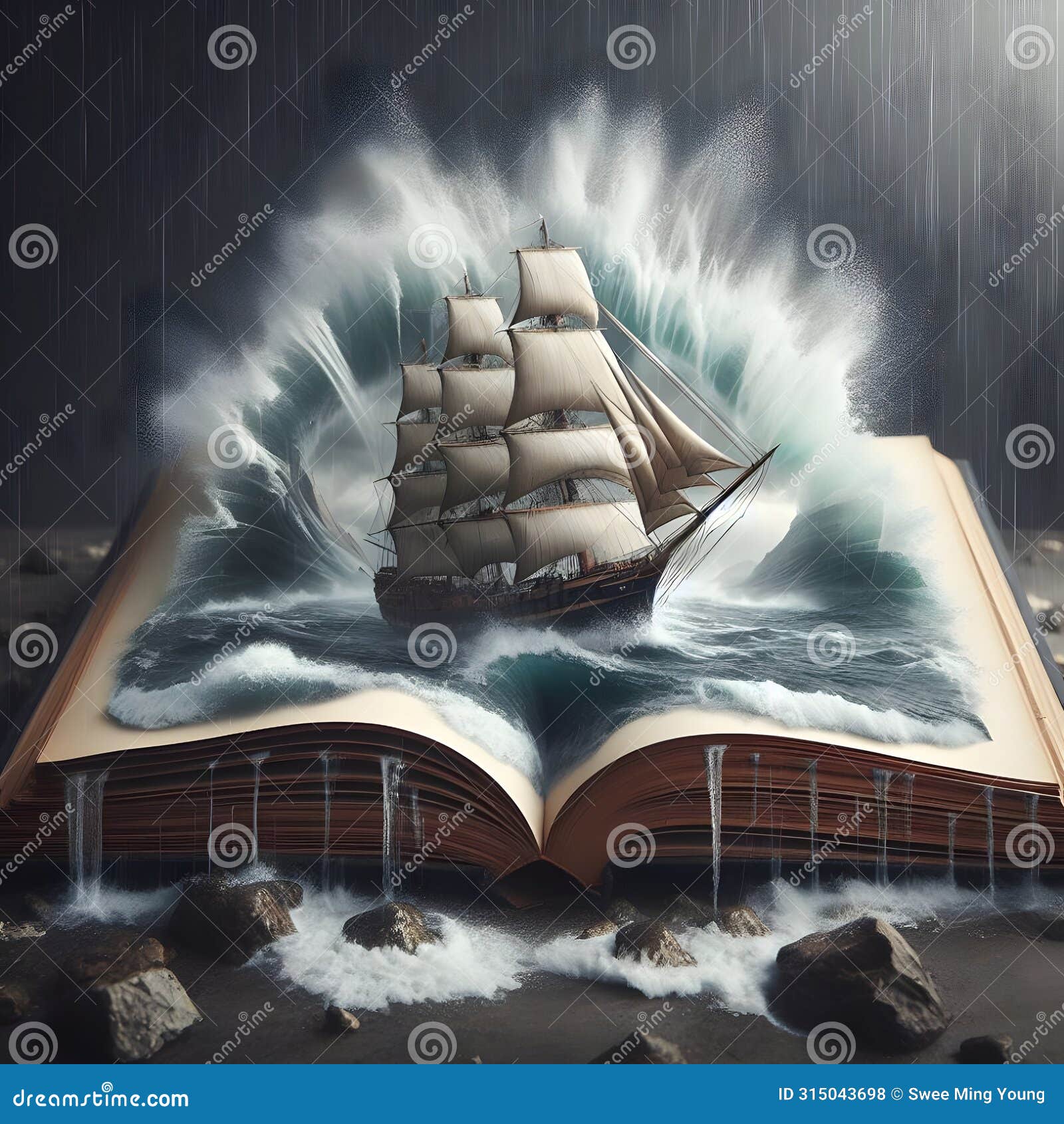 Image of an Open Book with 3 Dimensional Photo of a Sailing Ship on a ...
