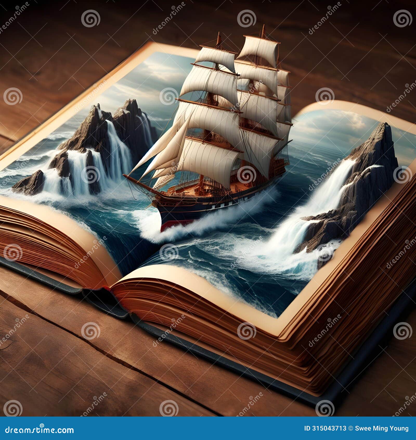 Image of an Open Book with 3 Dimensional Photo of a Sailing Ship on a ...