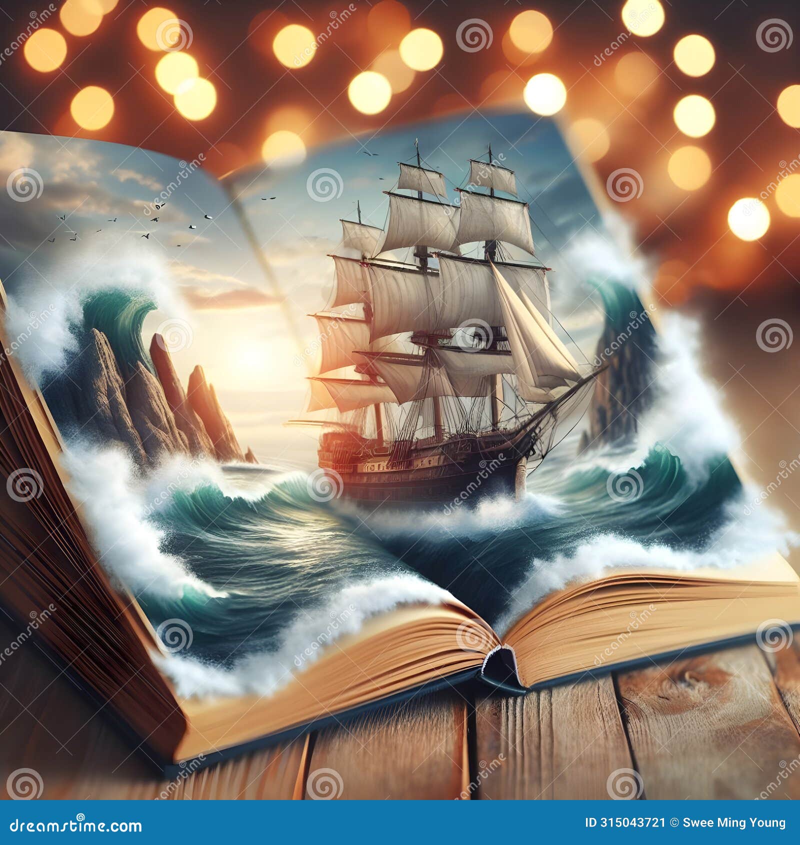 Image of an Open Book with 3 Dimensional Photo of a Sailing Ship on a ...