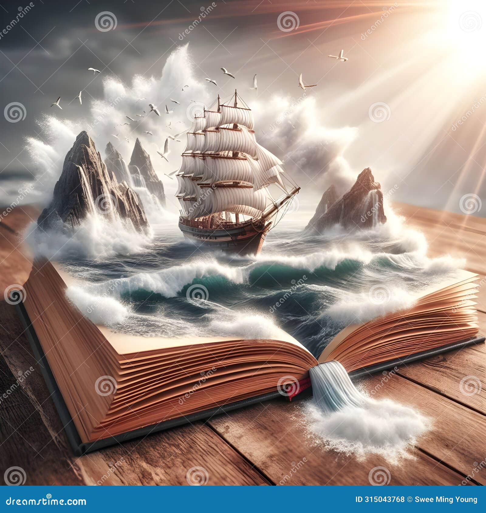Image of an Open Book with 3 Dimensional Photo of a Sailing Ship on a ...