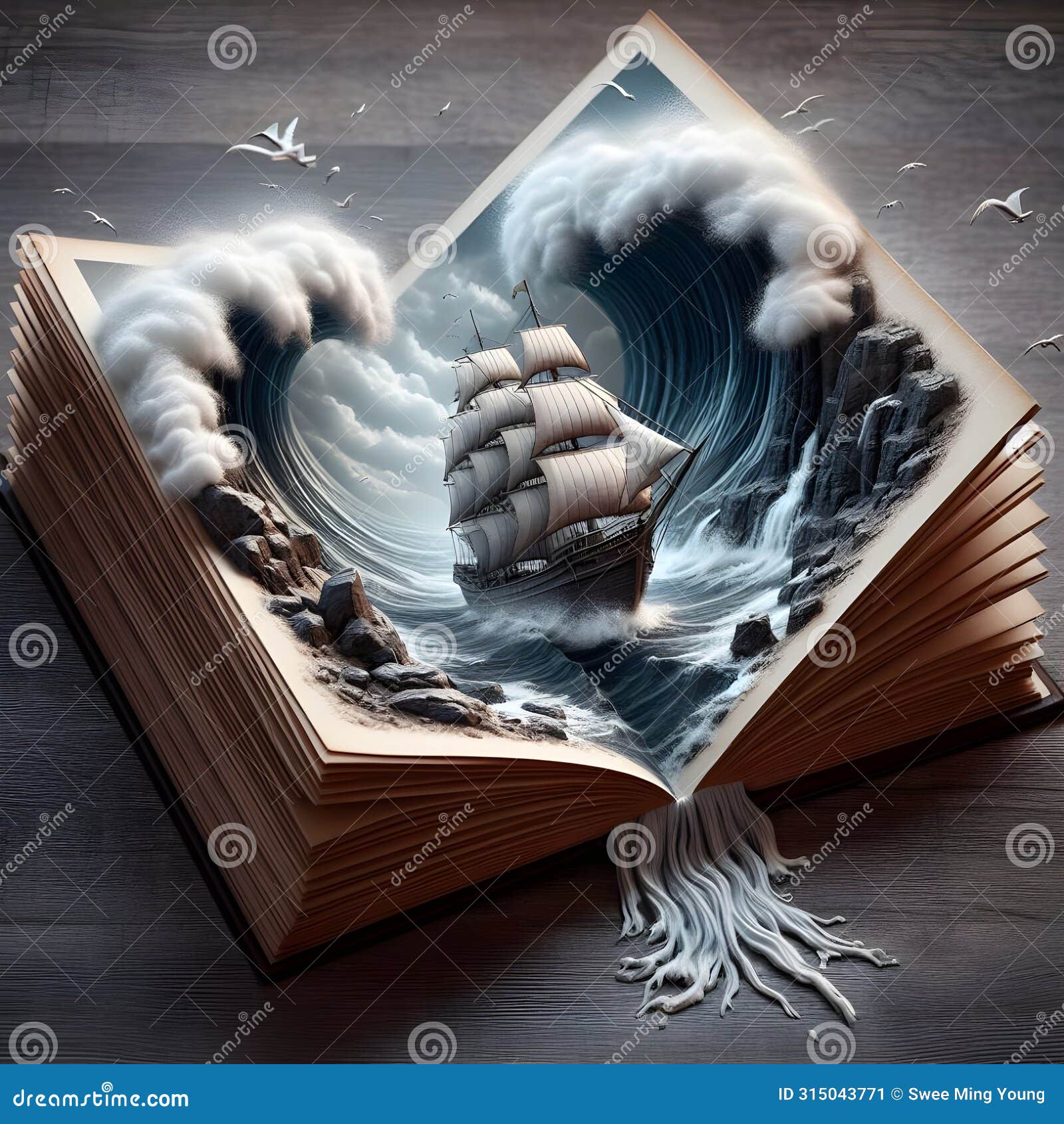 Image of an Open Book with 3 Dimensional Photo of a Sailing Ship on a ...