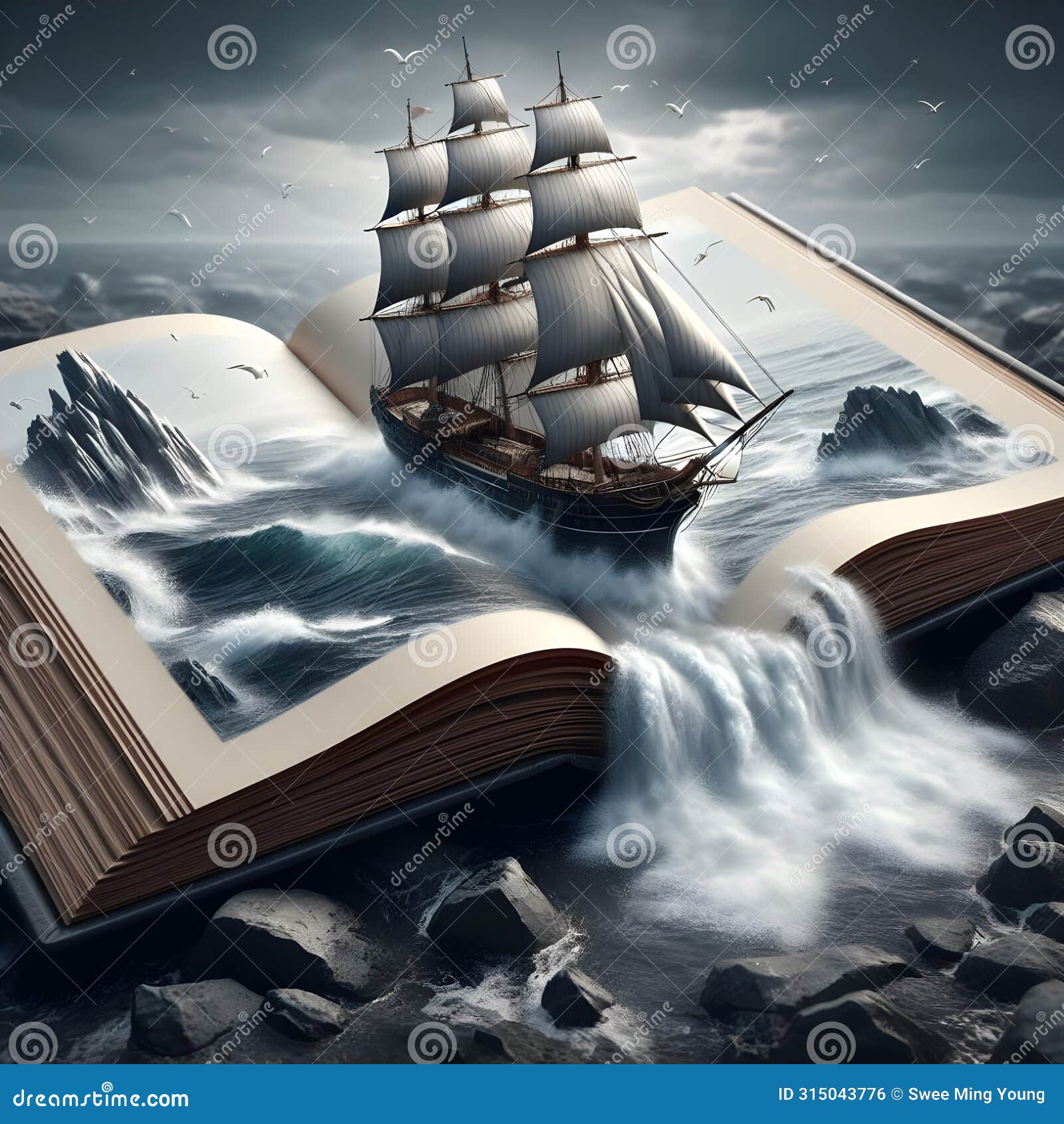 Image of an Open Book with 3 Dimensional Photo of a Sailing Ship on a ...