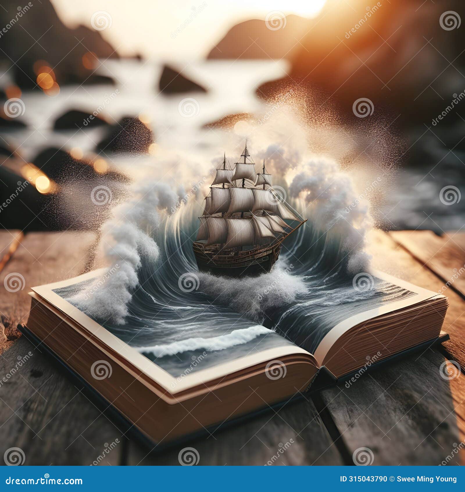Image of an Open Book with 3 Dimensional Photo of a Sailing Ship on a ...