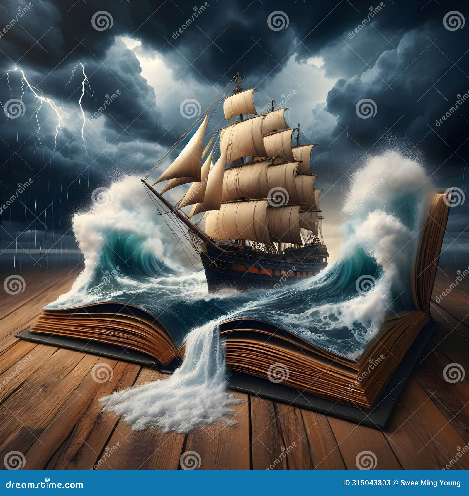 Image of an Open Book with 3 Dimensional Photo of a Sailing Ship on a ...