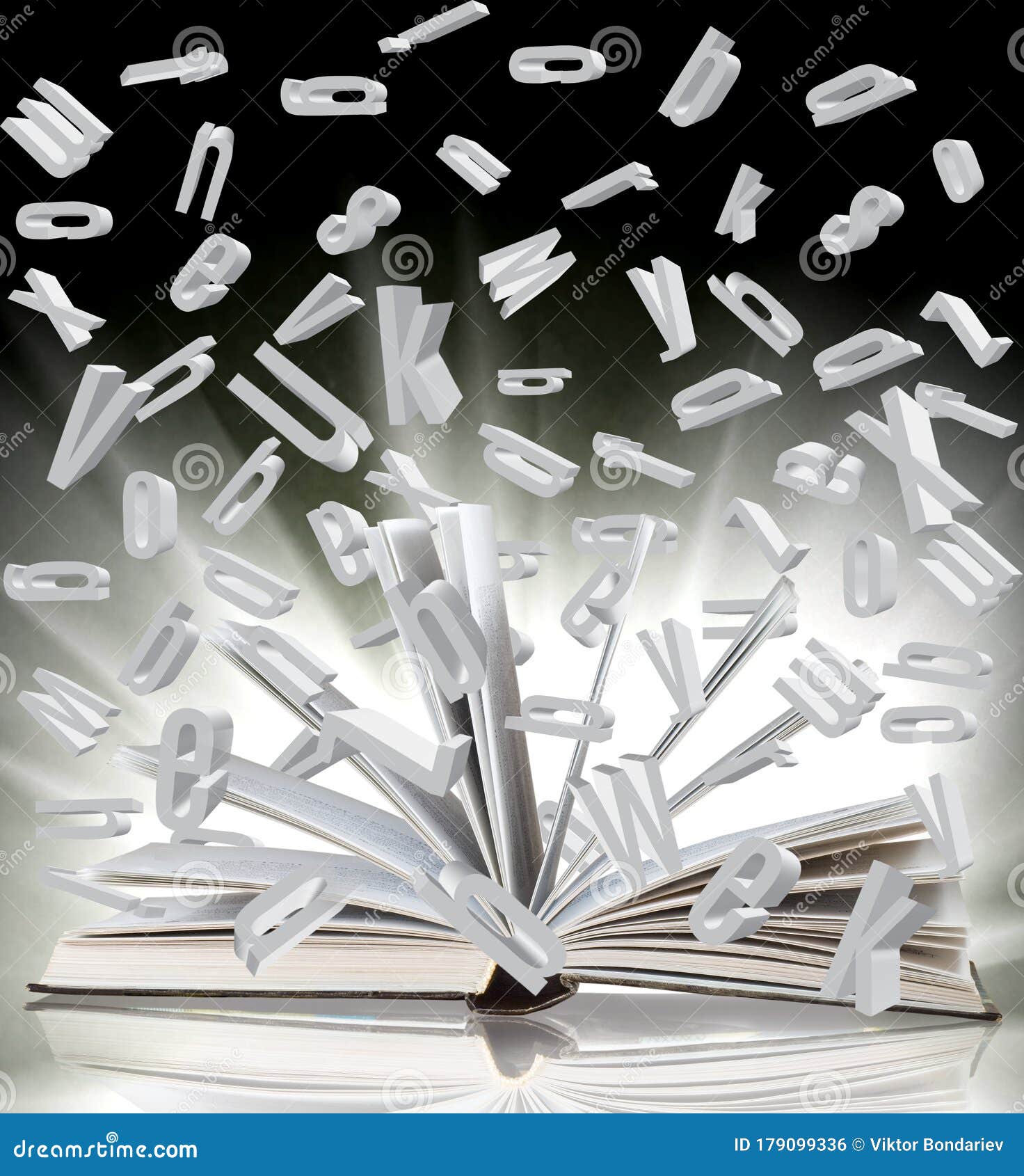 Image of an Open Book and Flying Letters of the Alphabet Stock Photo ...