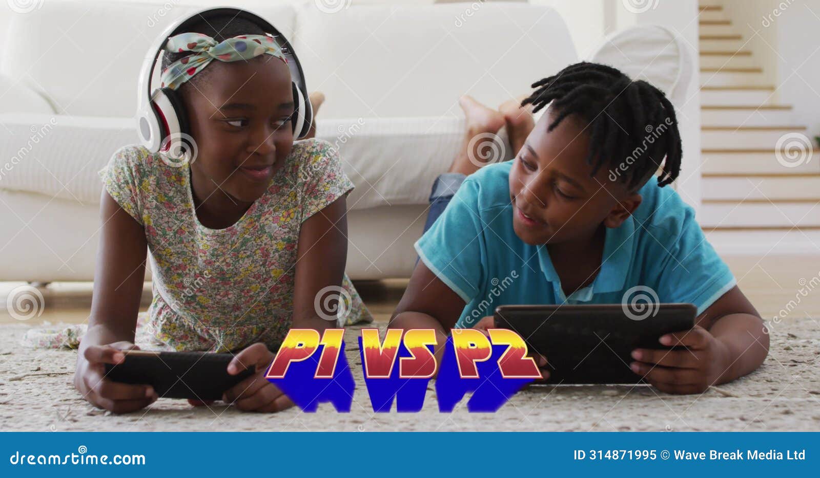 Image of P1 Vs P2 Text with African American Children Using Tablet and ...