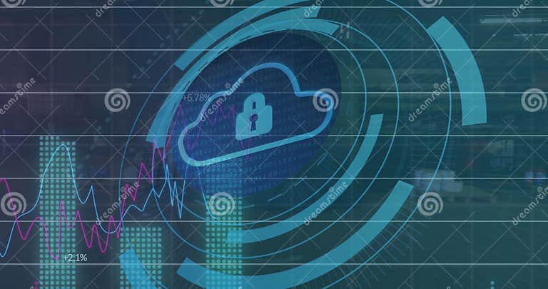 Image of Padlock, Binary Codes, Cloud in Loading Circles with Graphs Over Warehouse Stock Photo ...