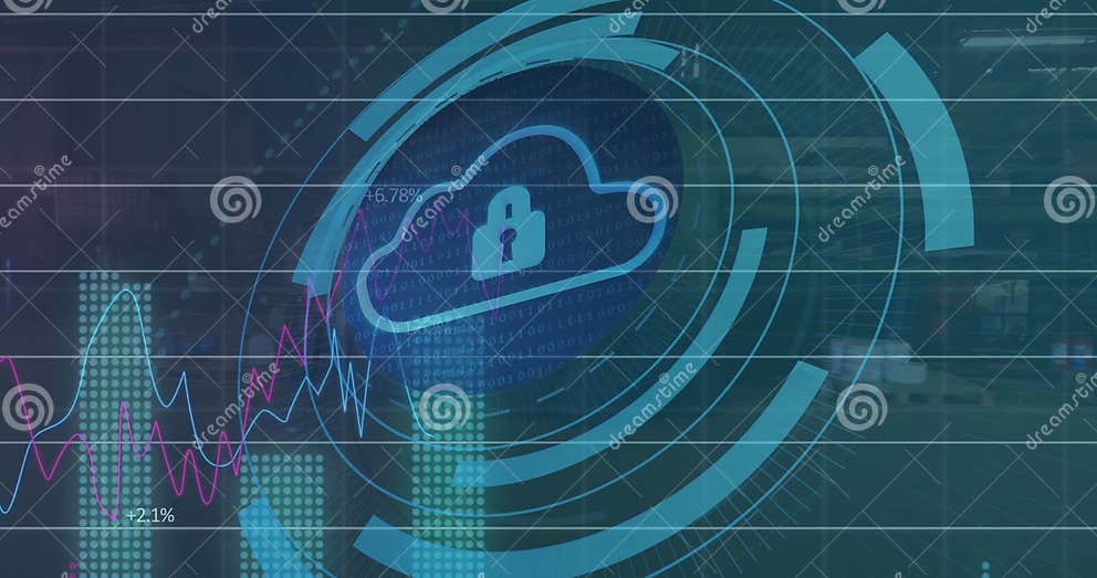 Image Of Padlock Binary Codes Cloud In Loading Circles With Graphs