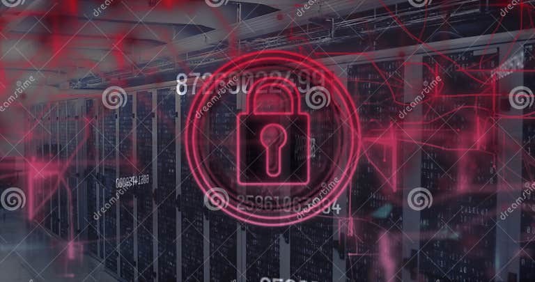 Image of Padlock in Circle, Numbers and Abstract Pattern Against Server ...
