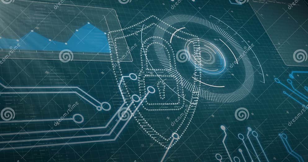 Image of Padlock and Motherboard Over Graph and Data Processing Stock ...