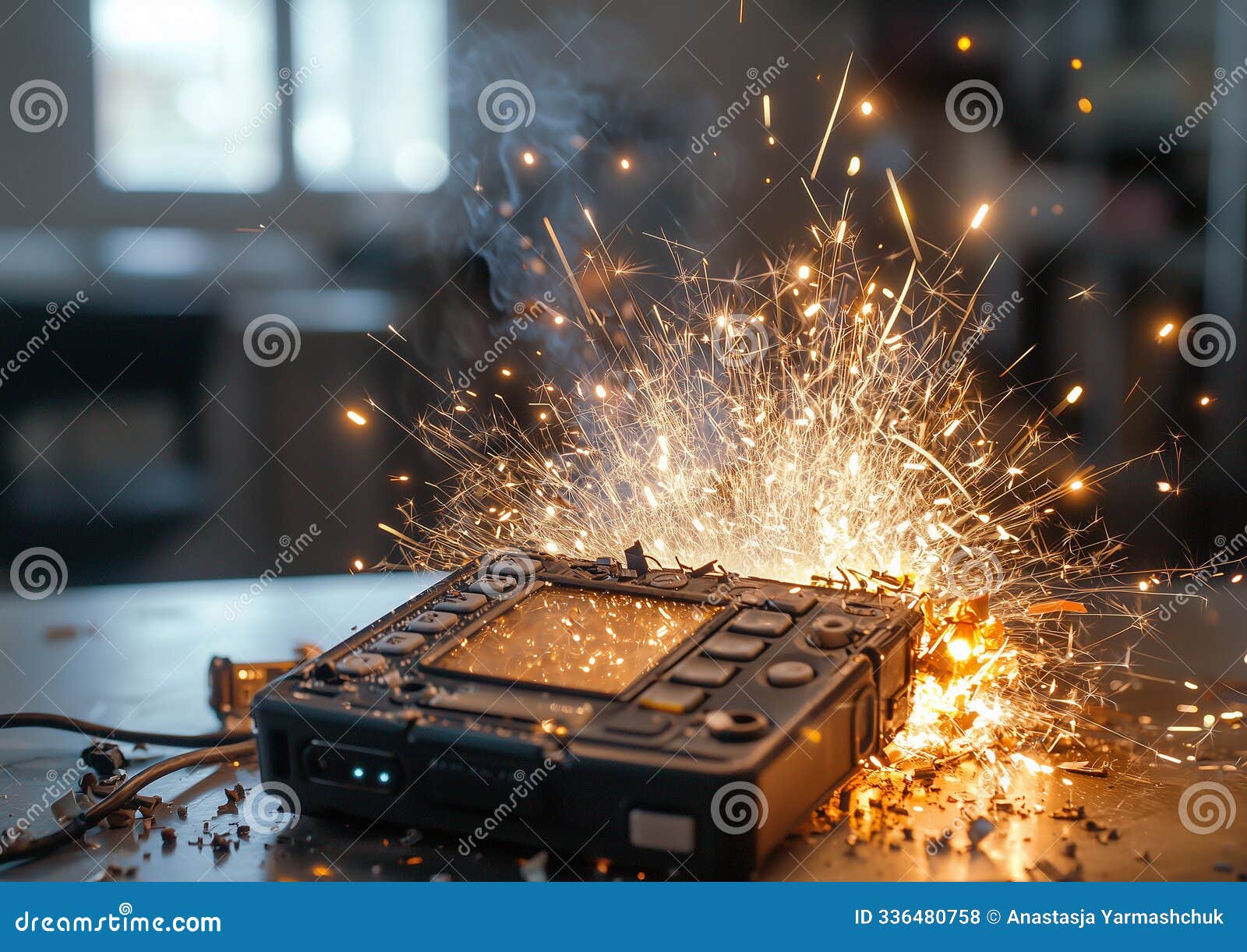 Image of a Pager that Explodes on a Table with Plastic and Metal Parts ...