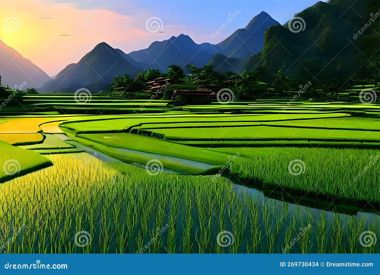Image of the Painterly Paddy Field Landscape. Stock Illustration ...