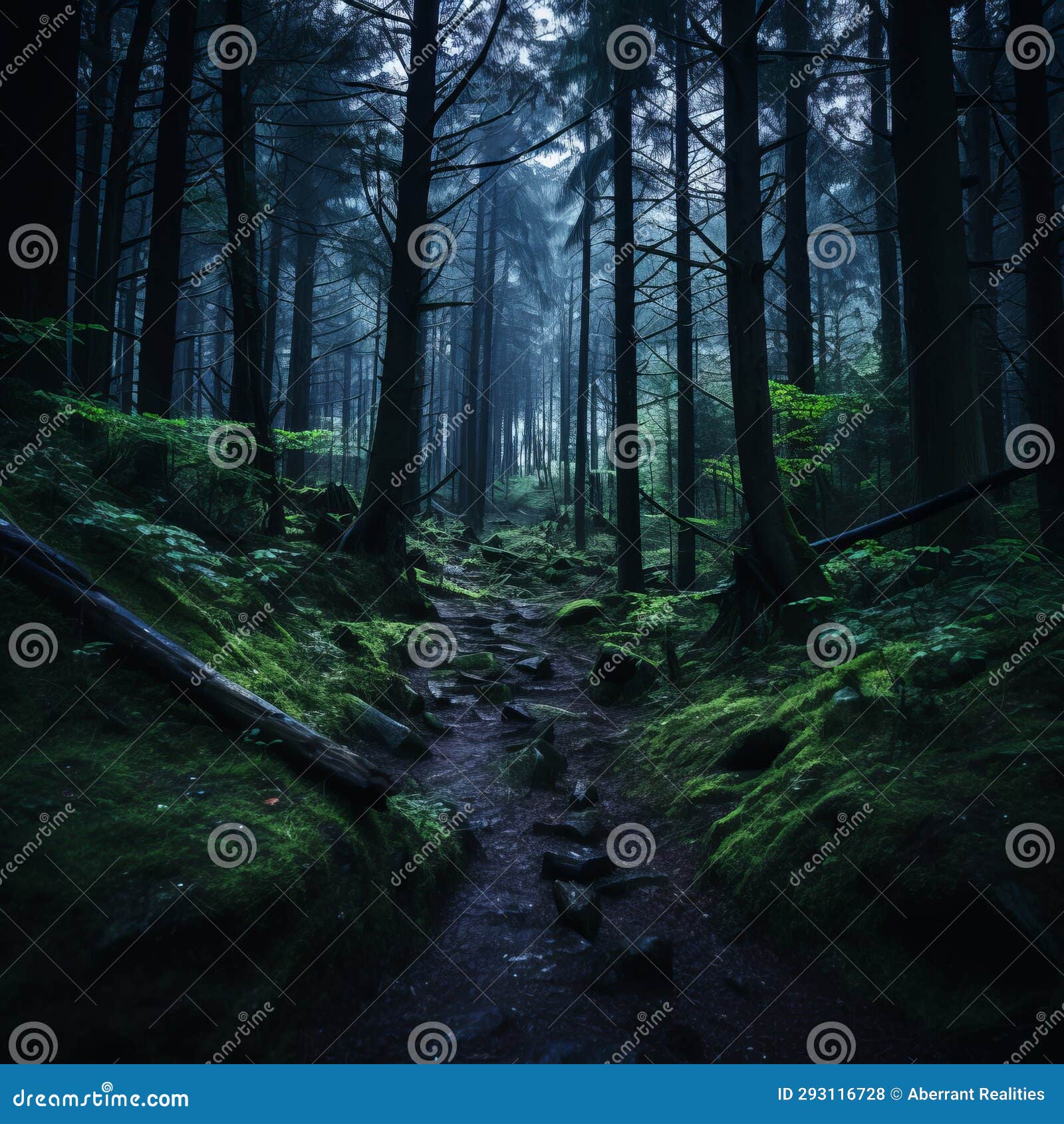 An Image of a Path in a Dark Forest Stock Illustration - Illustration ...