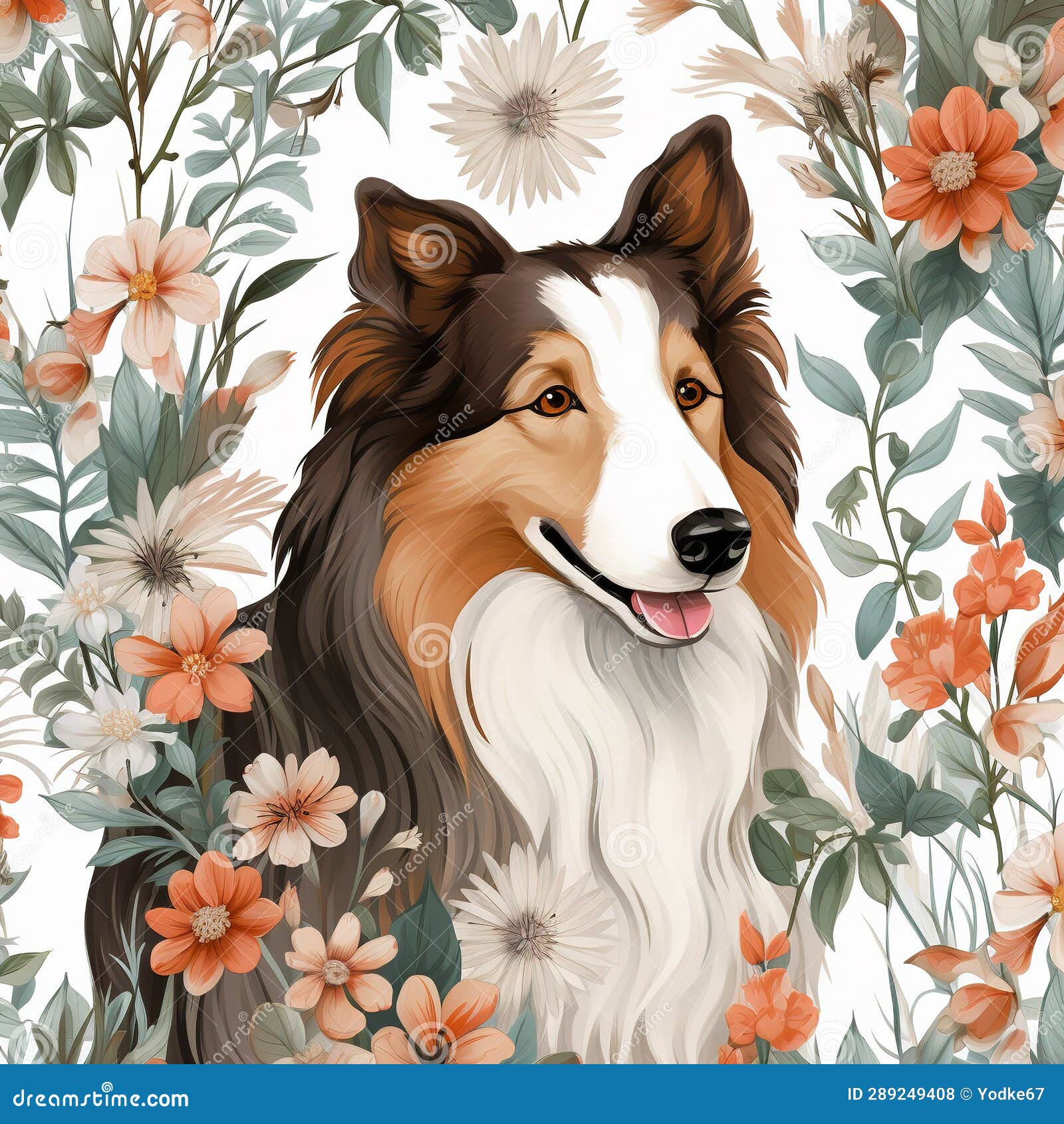 Image of Pattern Design Using Collie Dog and Flowers and Leaves. Pet ...