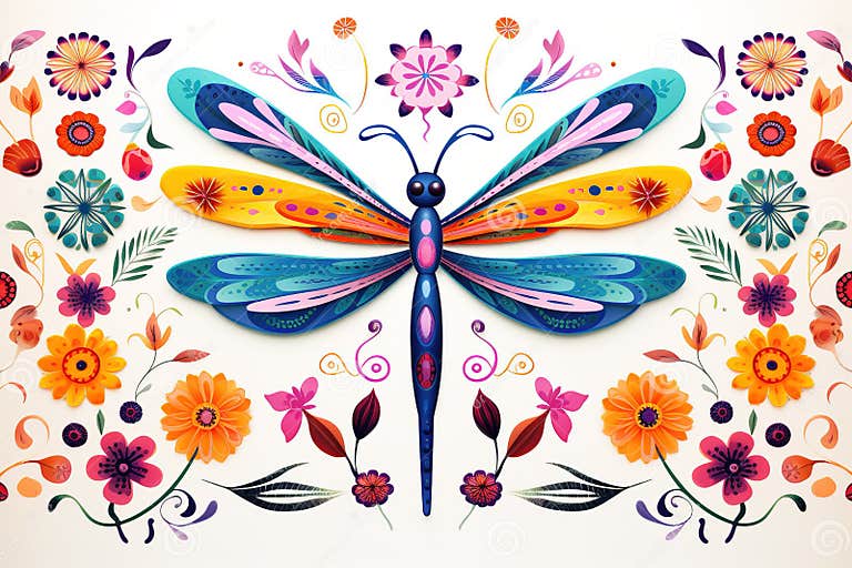 Image of Pattern Design Using Dragonfly and Flowers and Leaves. Insect ...