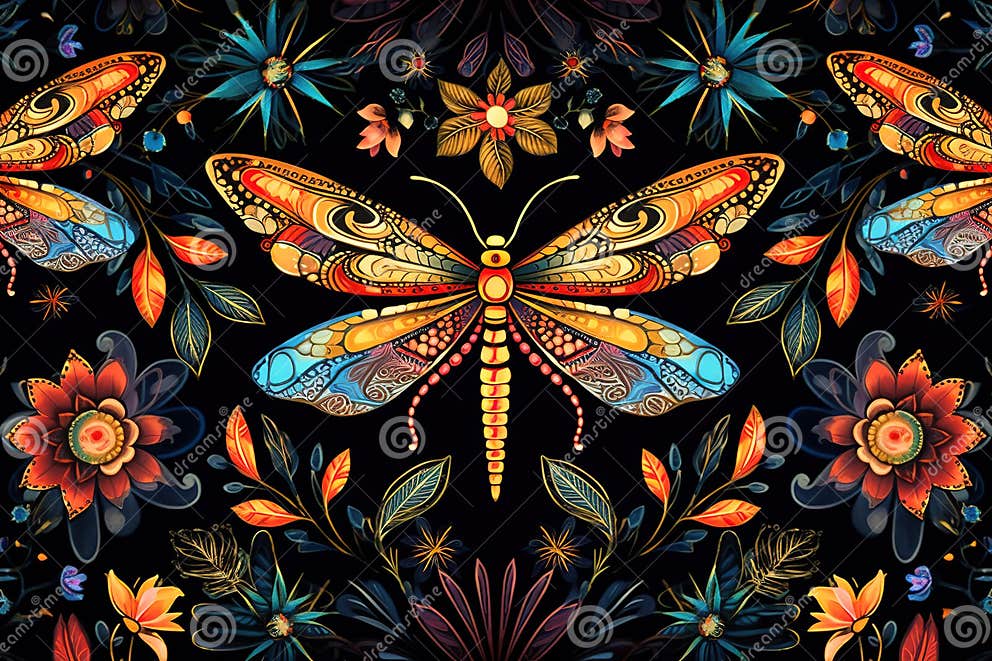 Image of Pattern Design Using Dragonfly and Flowers and Leaves. Insect ...