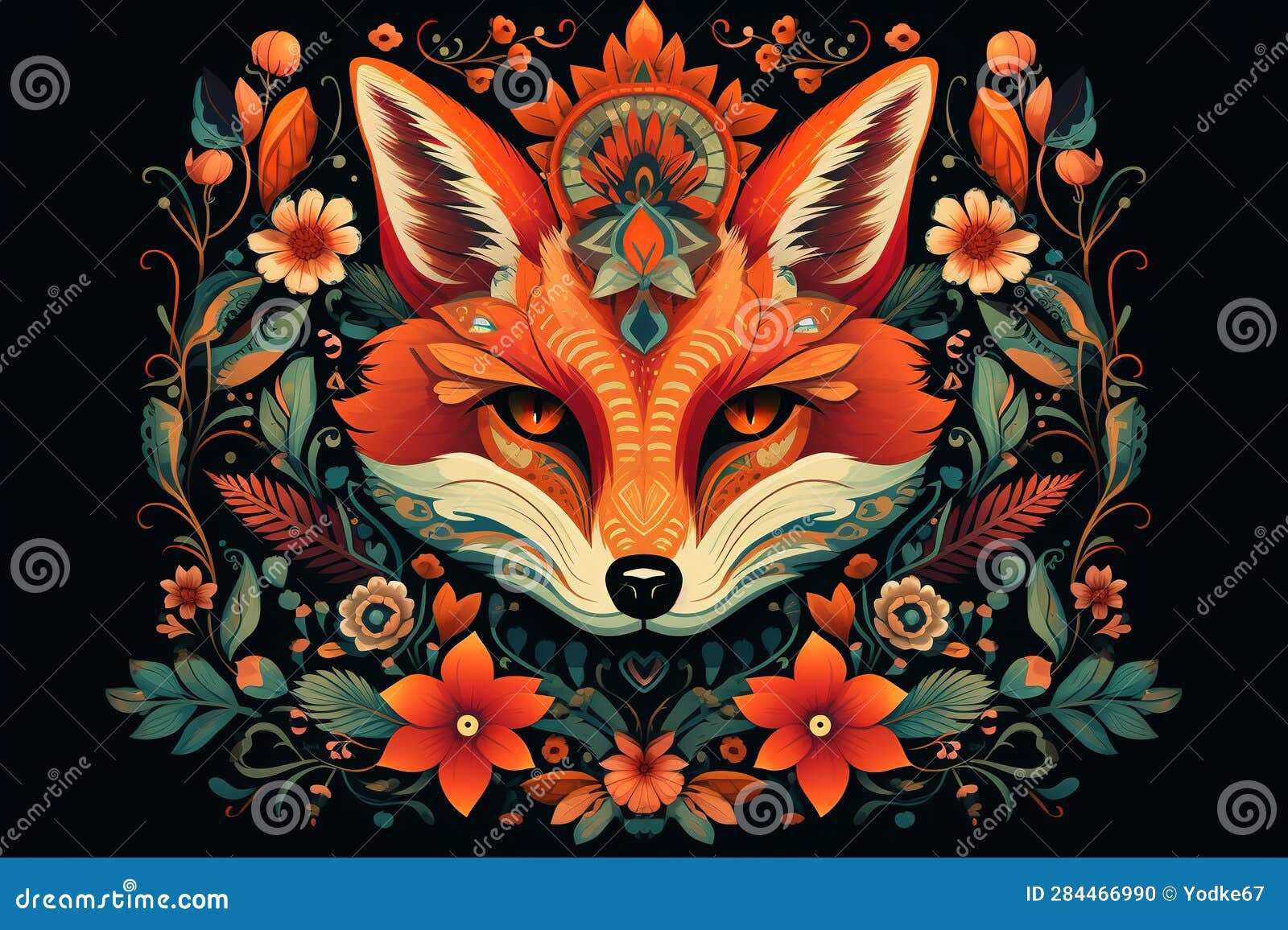 Image of Pattern Design Using Fox Head and Flowers and Leaves. Wildlife ...