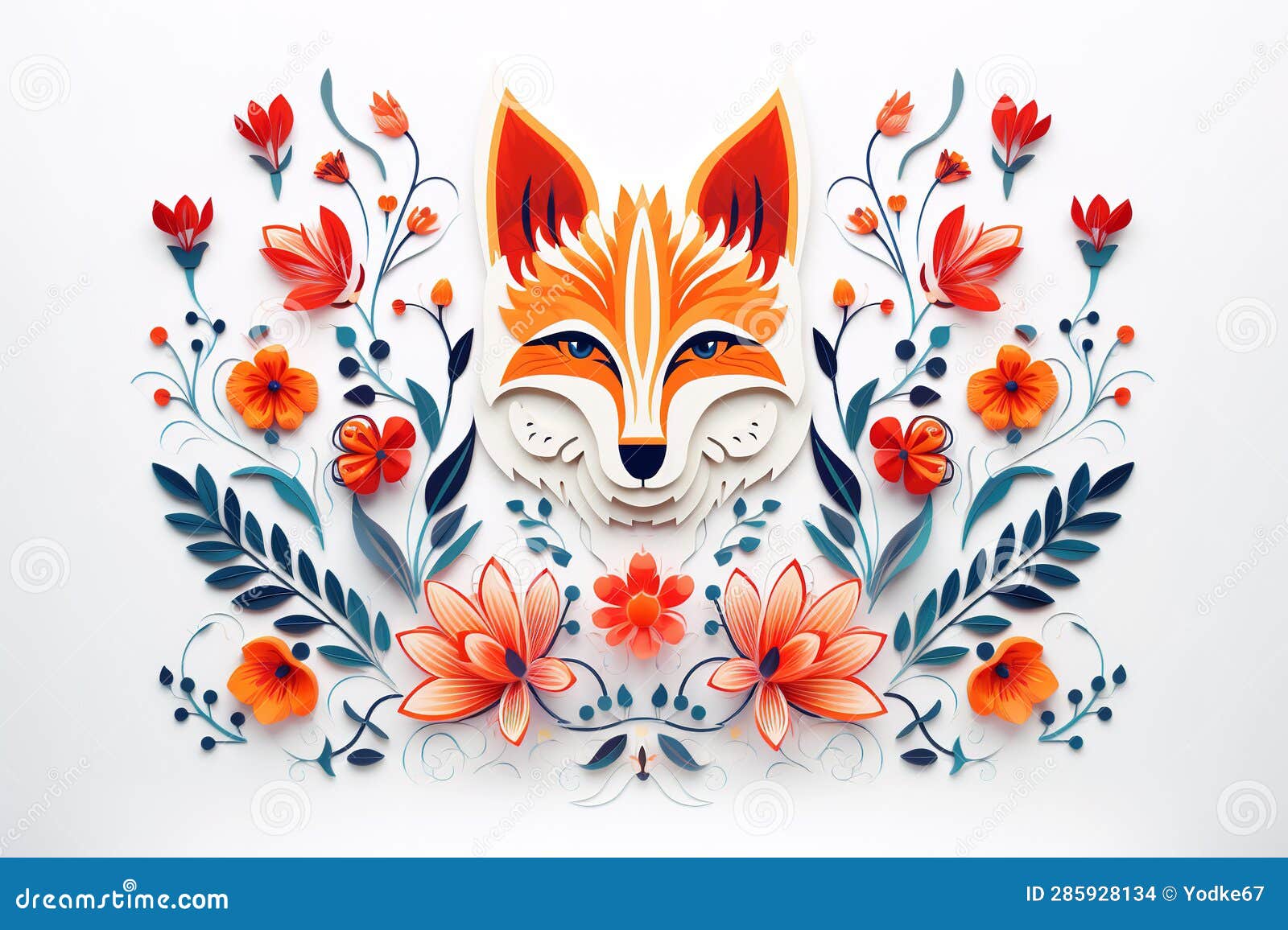 Image of Pattern Design Using Fox Head and Flowers and Leaves. Wildlife ...