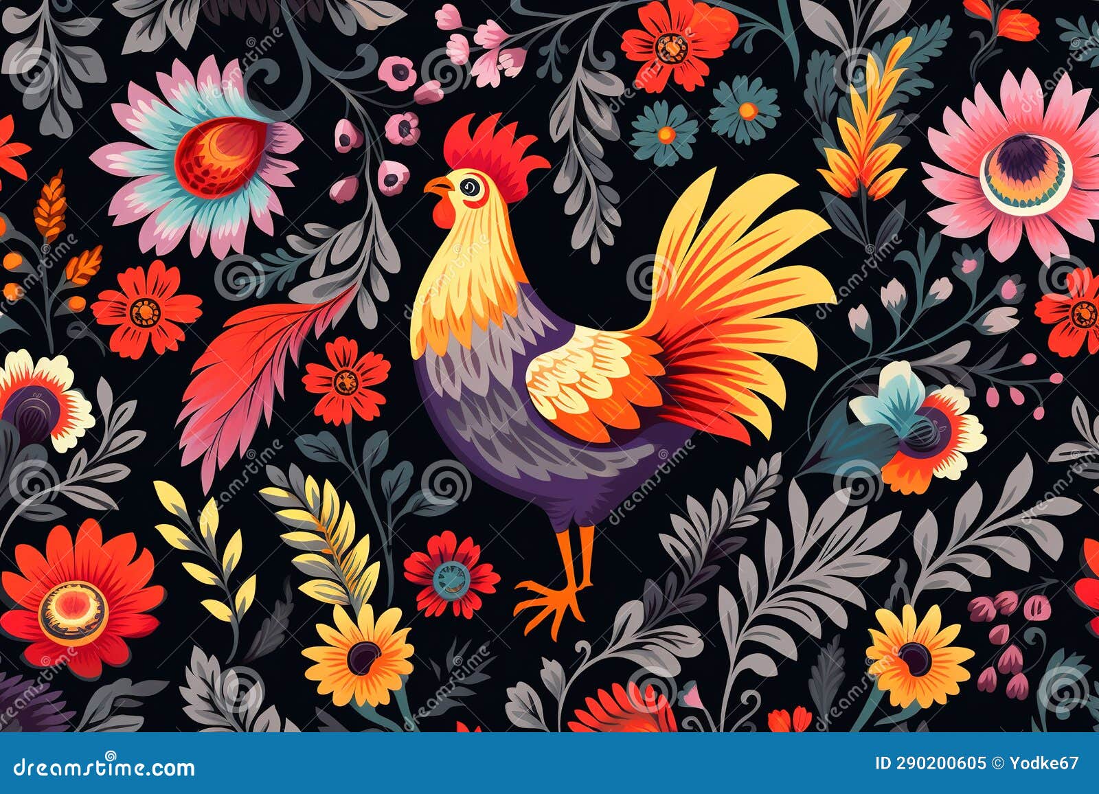 Image of Pattern Design Using Hen and Flowers and Leaves. Farm Animals ...