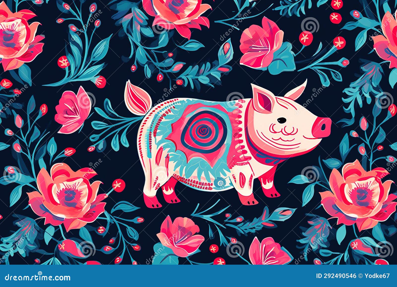 Image of Pattern Design Using Pig and Flowers and Leaves. Farm Animals ...