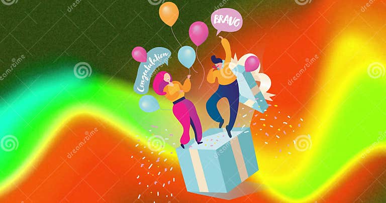 Image of People Dancing on Present on Colourful Background Stock ...