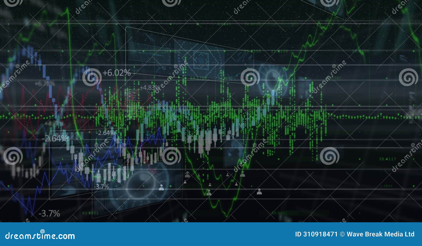 Image of People Icons, Graphs and Processing Data on Black Background ...