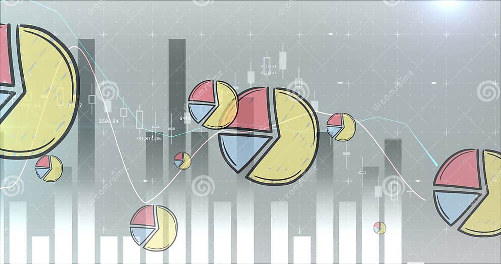 Image of Pie Chart Icons Over Statistics Processing on Grey Background ...