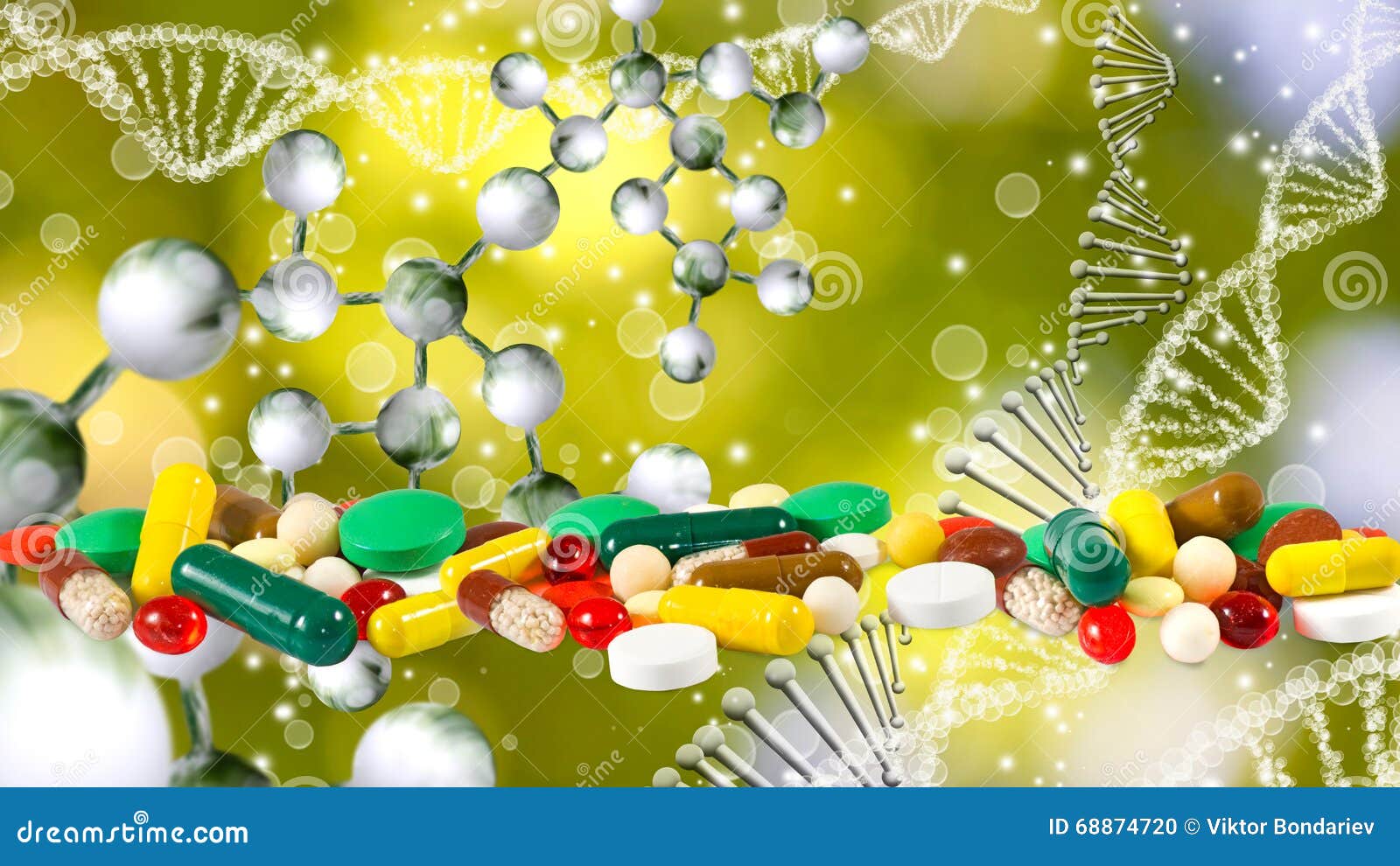 Image of Pills on Dna Chain Background Close Up Stock Illustration ...